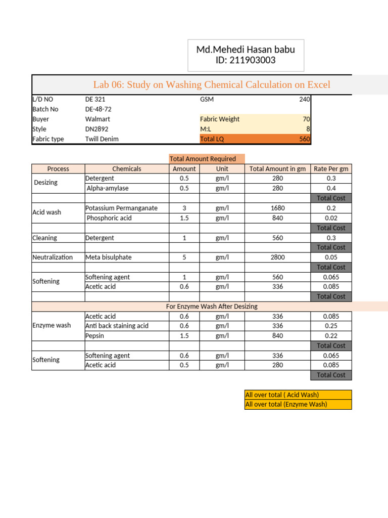 Lab 06 Study On Washing Chemical Calculation On Excel | PDF | Acid ...