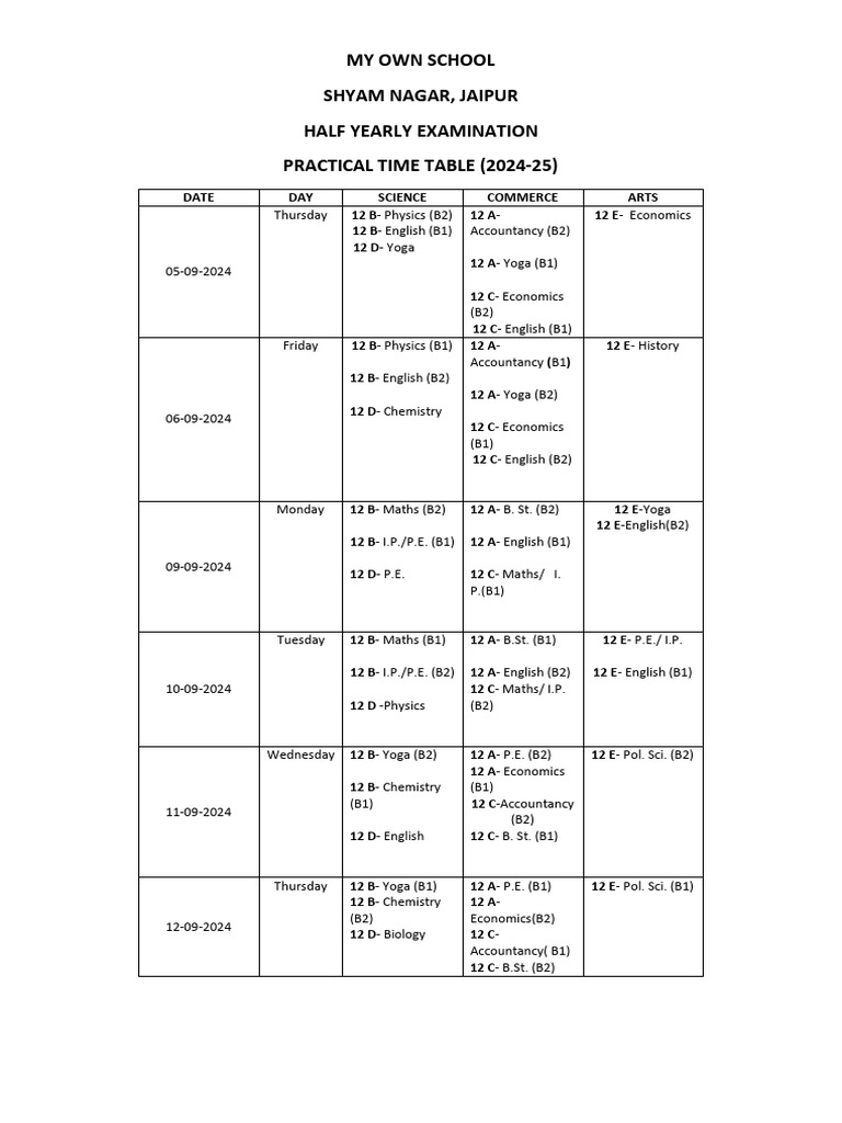 12 Practical Time Table 1 | PDF