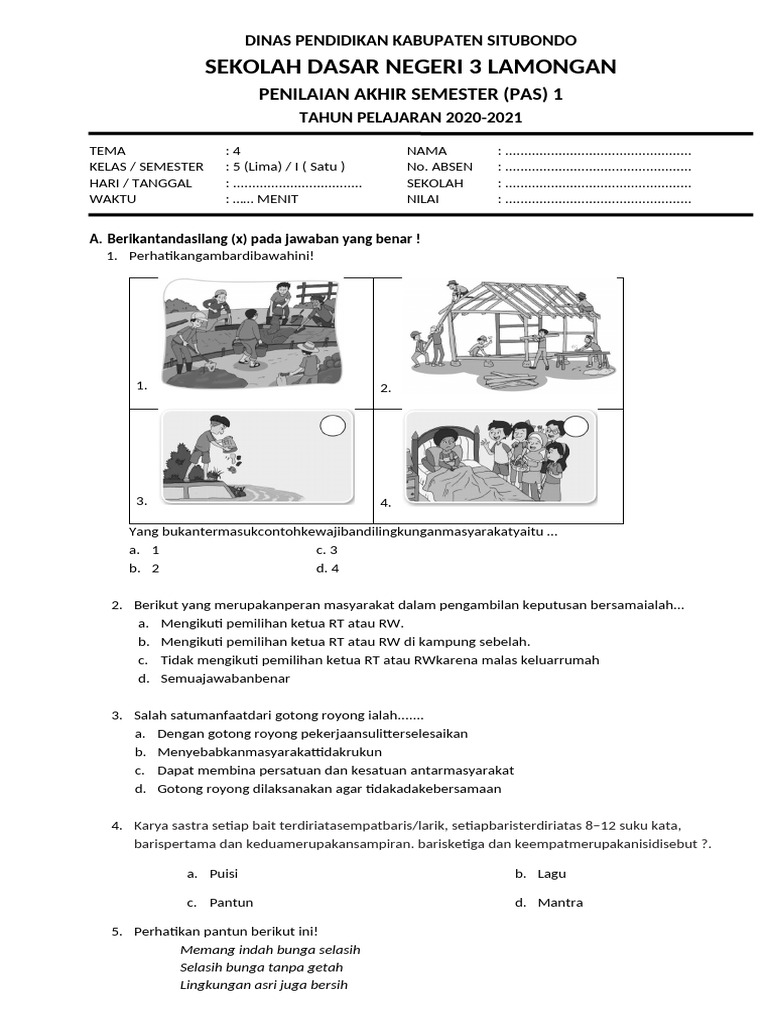 Varian 1 SOAL PAS KELS 5 TEMA 4 | PDF