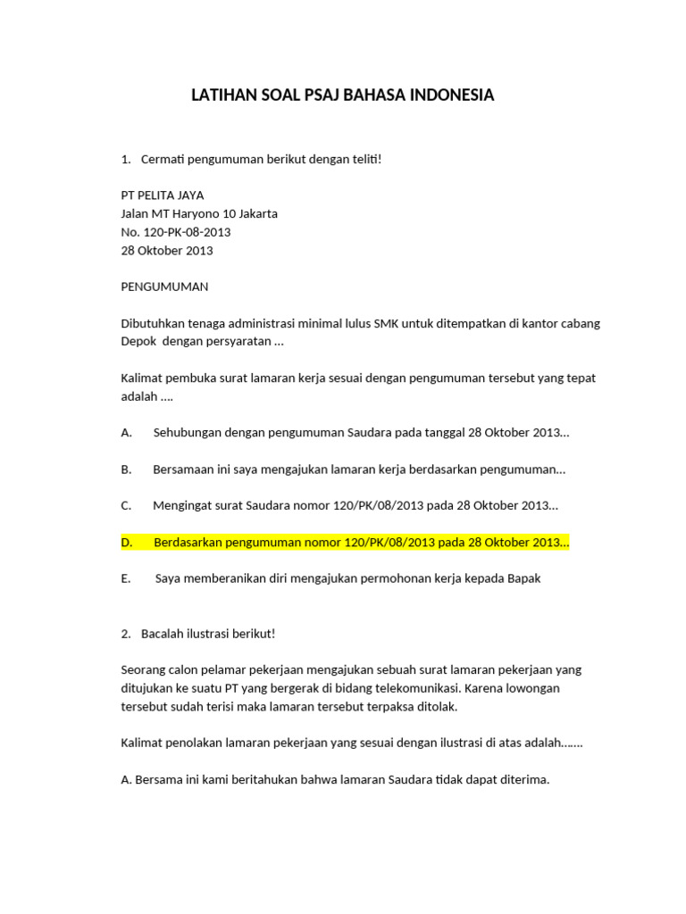 Latihan Soal Psaj Bahasa Indonesia | PDF