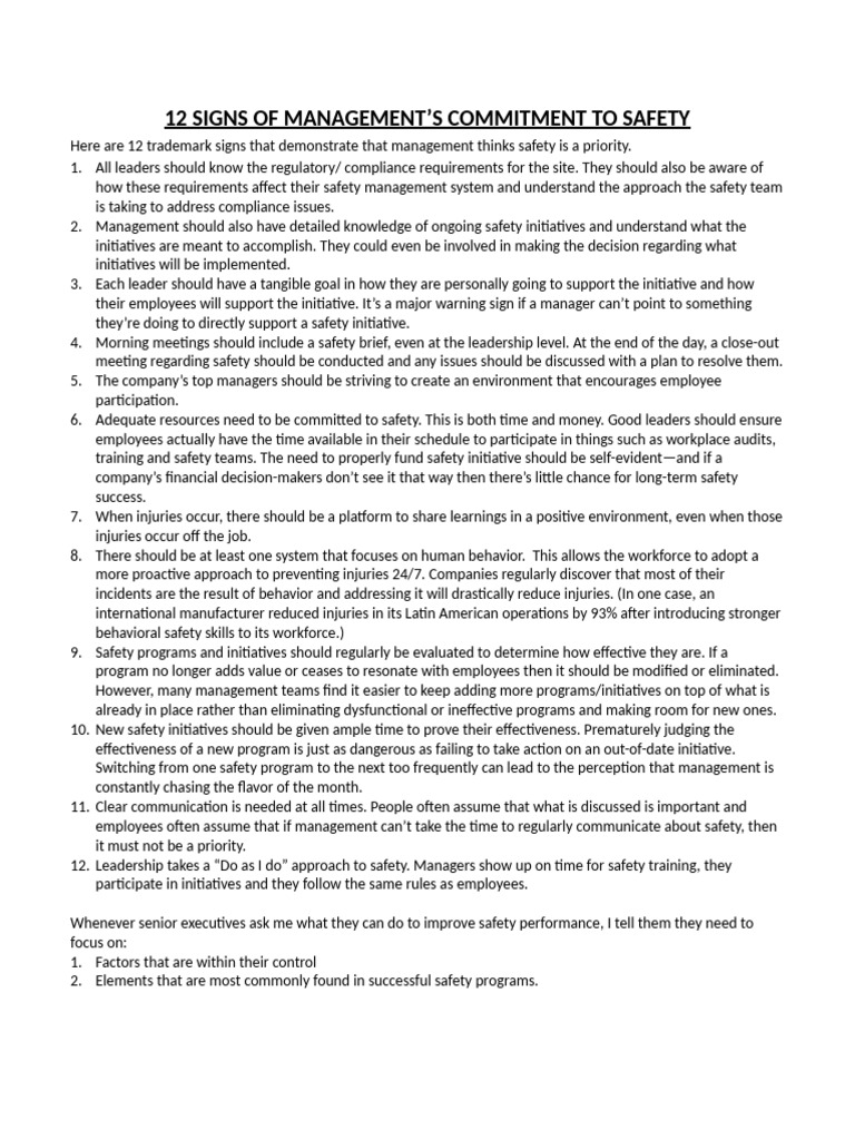 12 Signs of Management's Commitment To Safety | PDF | Regulatory ...