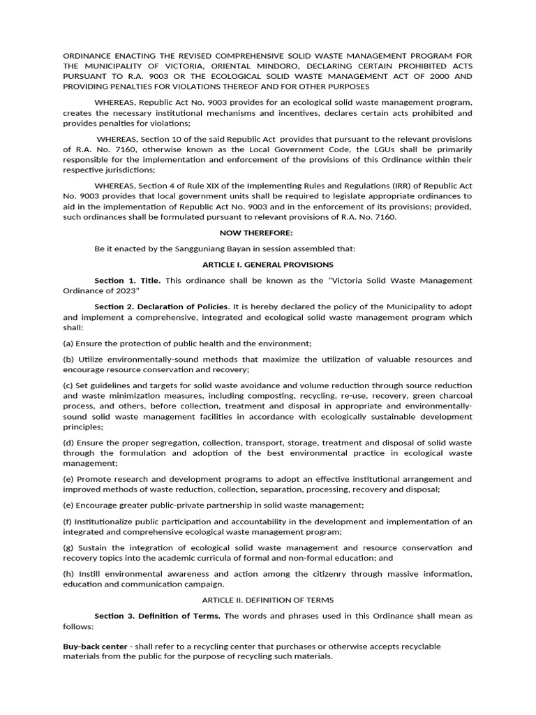 Victoria Solid Waste Management Ordinance | PDF | Waste Management | Waste
