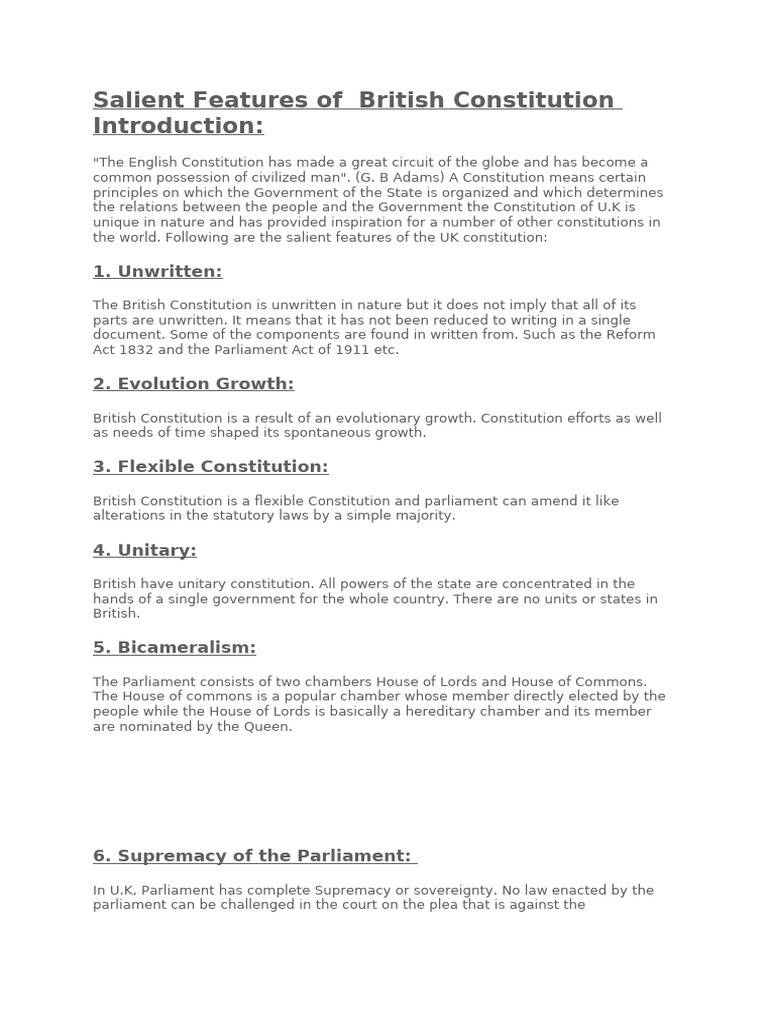 Salient Features of the British Constitution | PDF | Constitution ...
