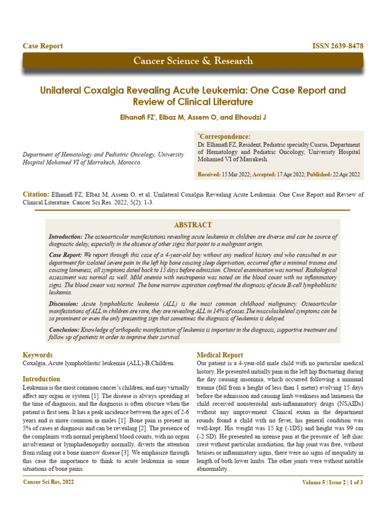 Unilateral Coxalgia Revealing Acute Leukemia: One Case Report and ...