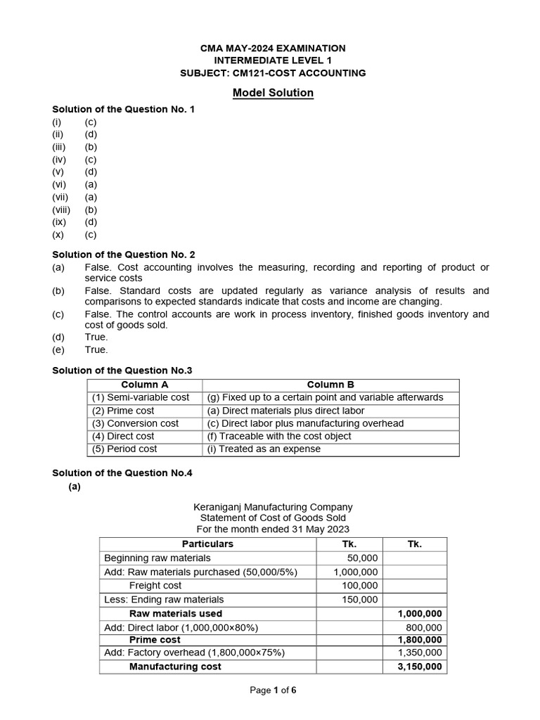 CM121. COA (IL-I) Solution CMA May-2024 Exam. | PDF | Cost Of Goods Sold | Production And ...