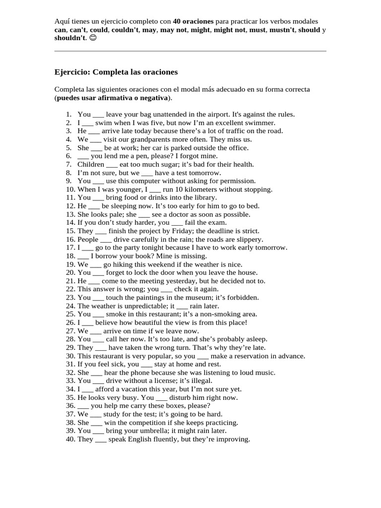 Ejercicios de Verbos Modales | PDF