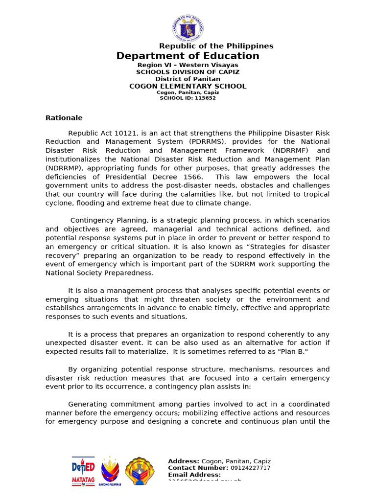 Contingency Plan SY 2024 2025 Cogon Final | PDF | Emergency Management ...