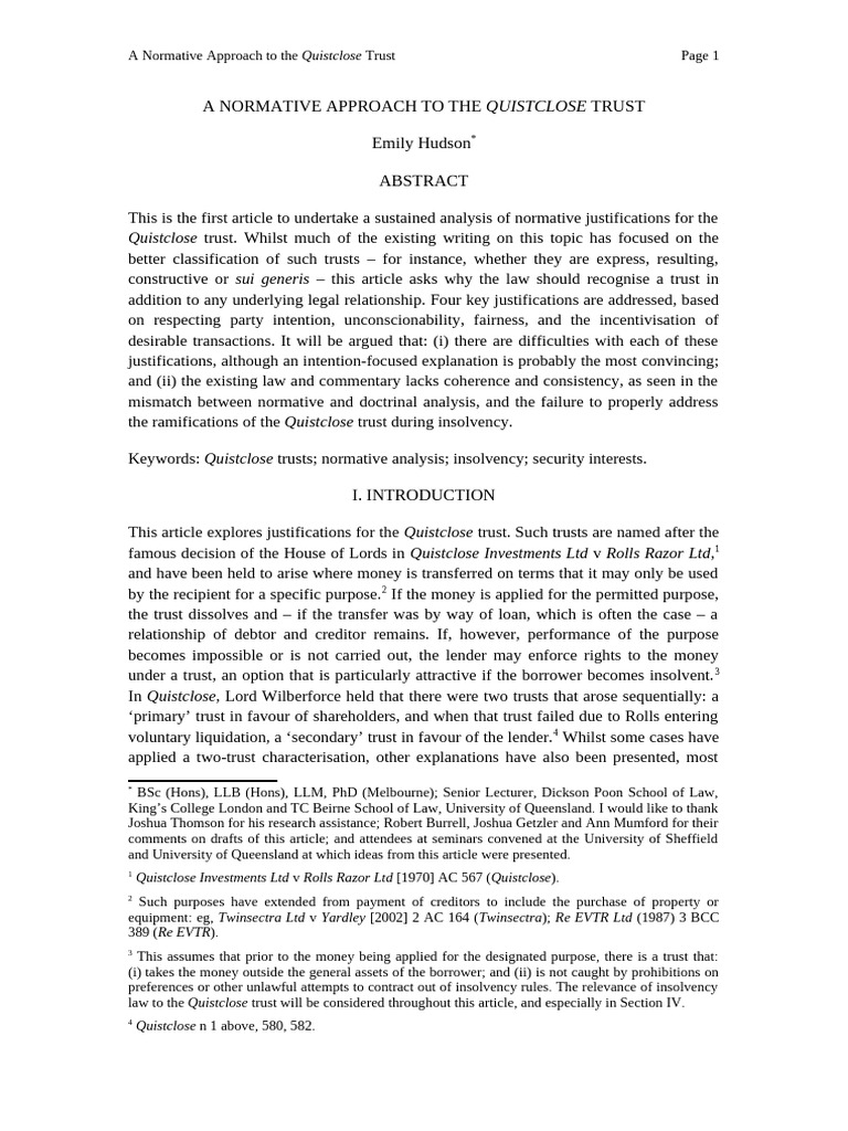 Normative Approach To Quistclose Trust FINAL 17.01.17 | PDF