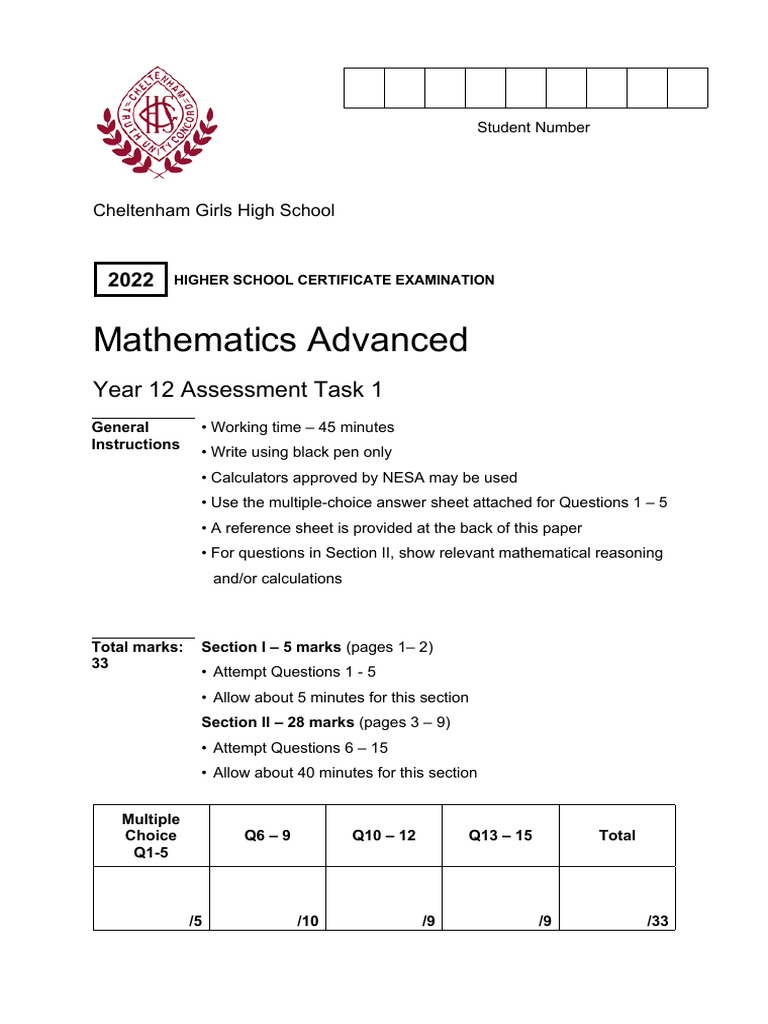 Past Paper 2022 HSC ADV Task 1 | PDF | Mathematics