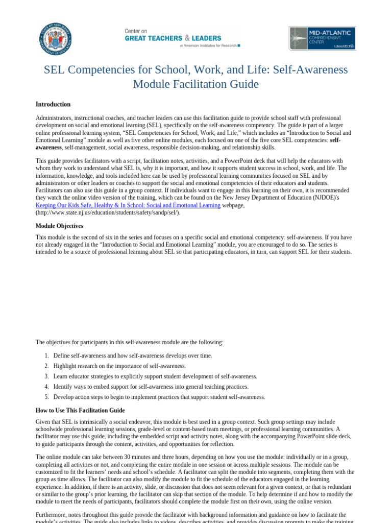 SEL Self-Awareness Module Guide | PDF | Self Awareness | Learning
