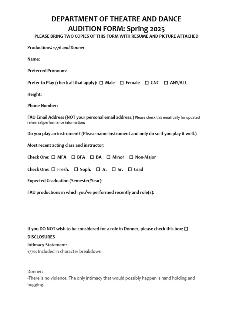 1776 and Donner Audition Form | PDF