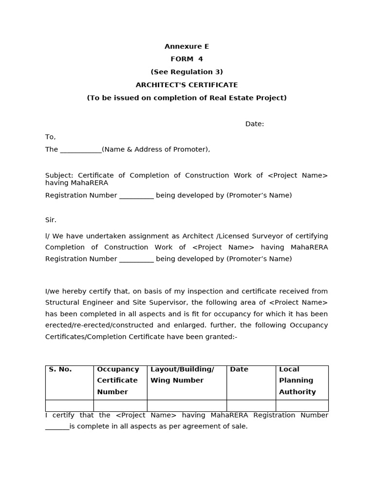 Architect's Certificate for RERA Form 4 | PDF