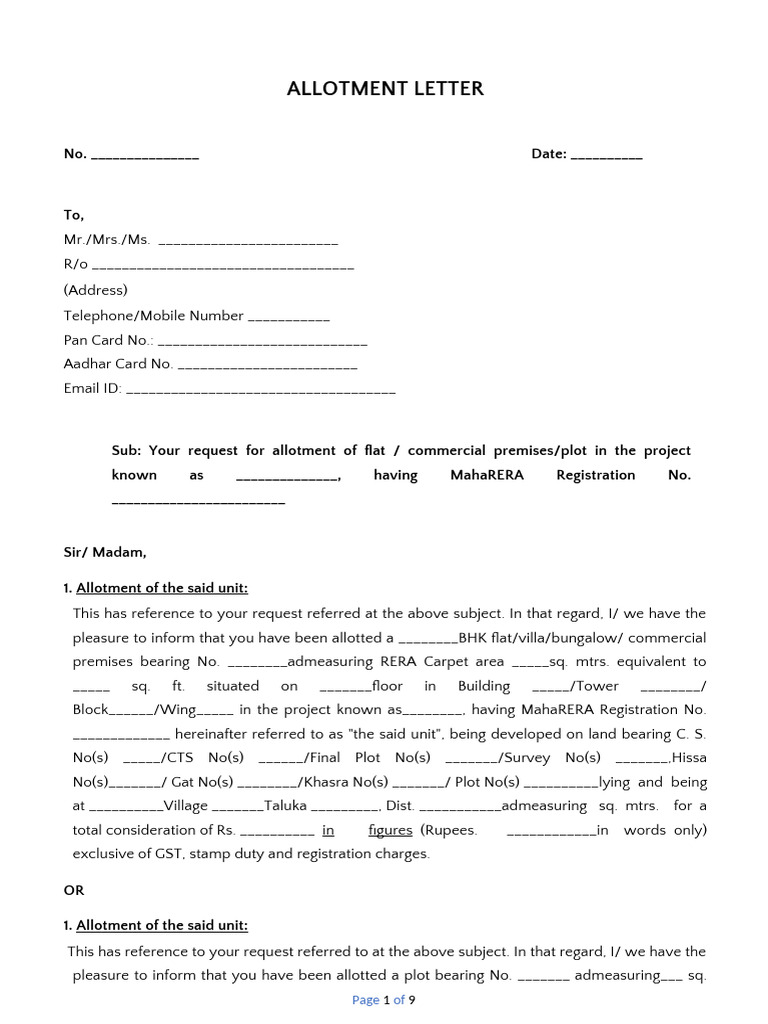 Final Allotment Letter for Property | PDF | Interest | Sanitary Sewer