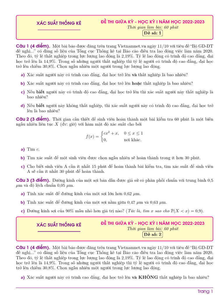 Đề thi GK môn XSTK các kỳ trước T3 2023 | PDF