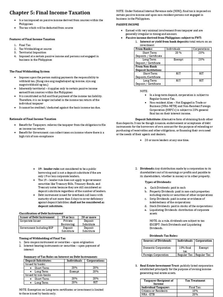 Income Taxation - Chapter 5 - Final Income Tax | PDF | Dividend | Taxes