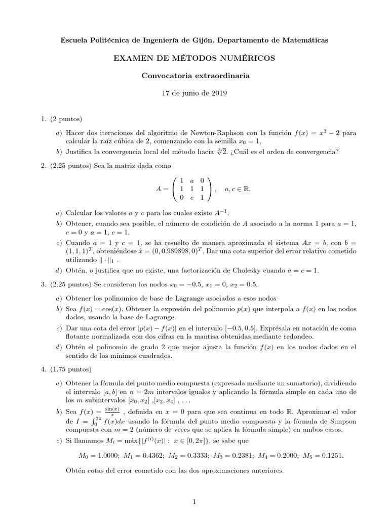 Exámenes Métodos | PDF | Análisis numérico | Integral