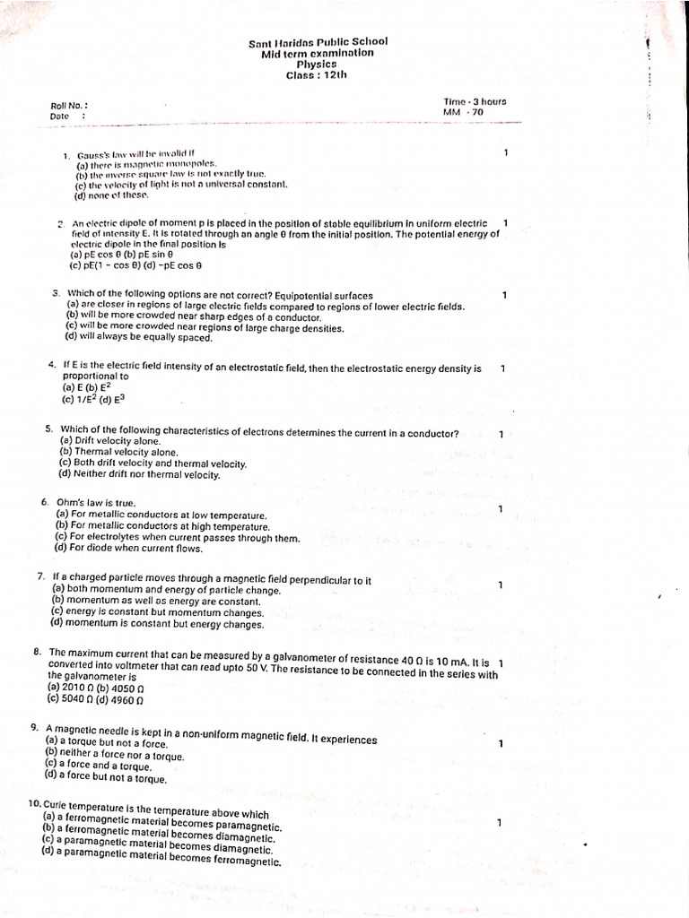 Shps Phy 12th Phy Mid | PDF