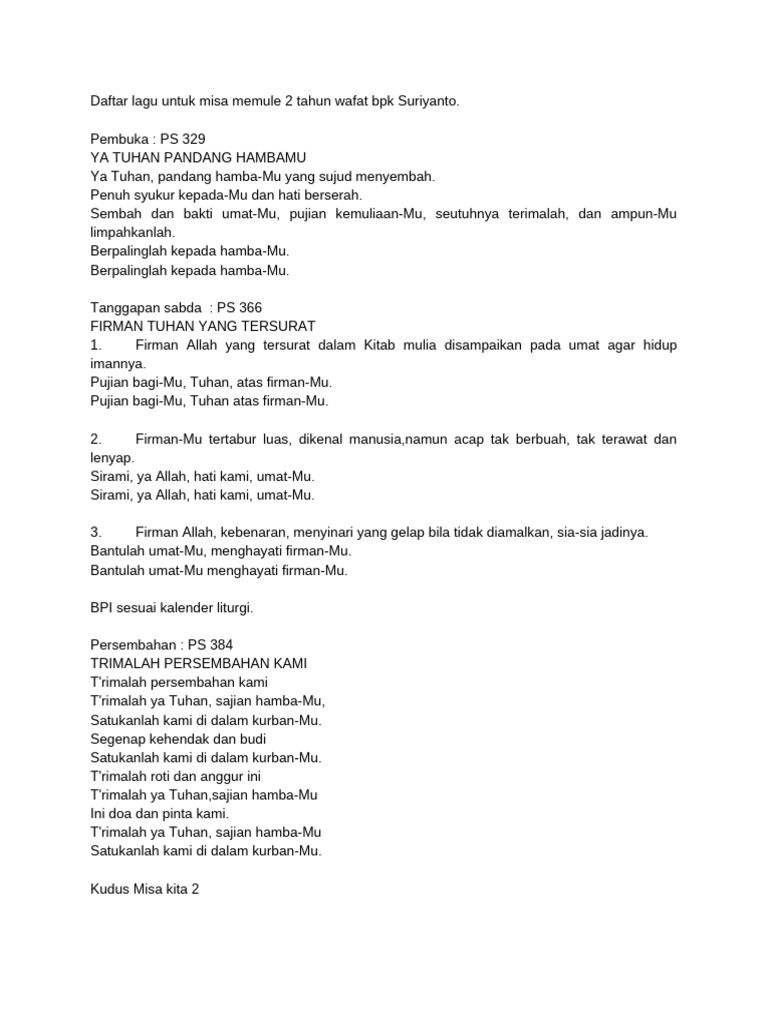 Daftar Lagu Misa 2th BP Yulius Suriyanto | PDF
