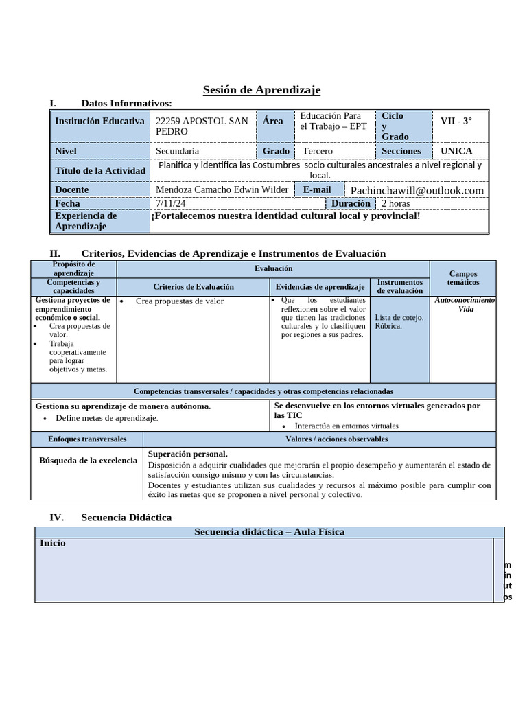 Sesiones 7112024 | PDF | Evaluación | Aprendizaje