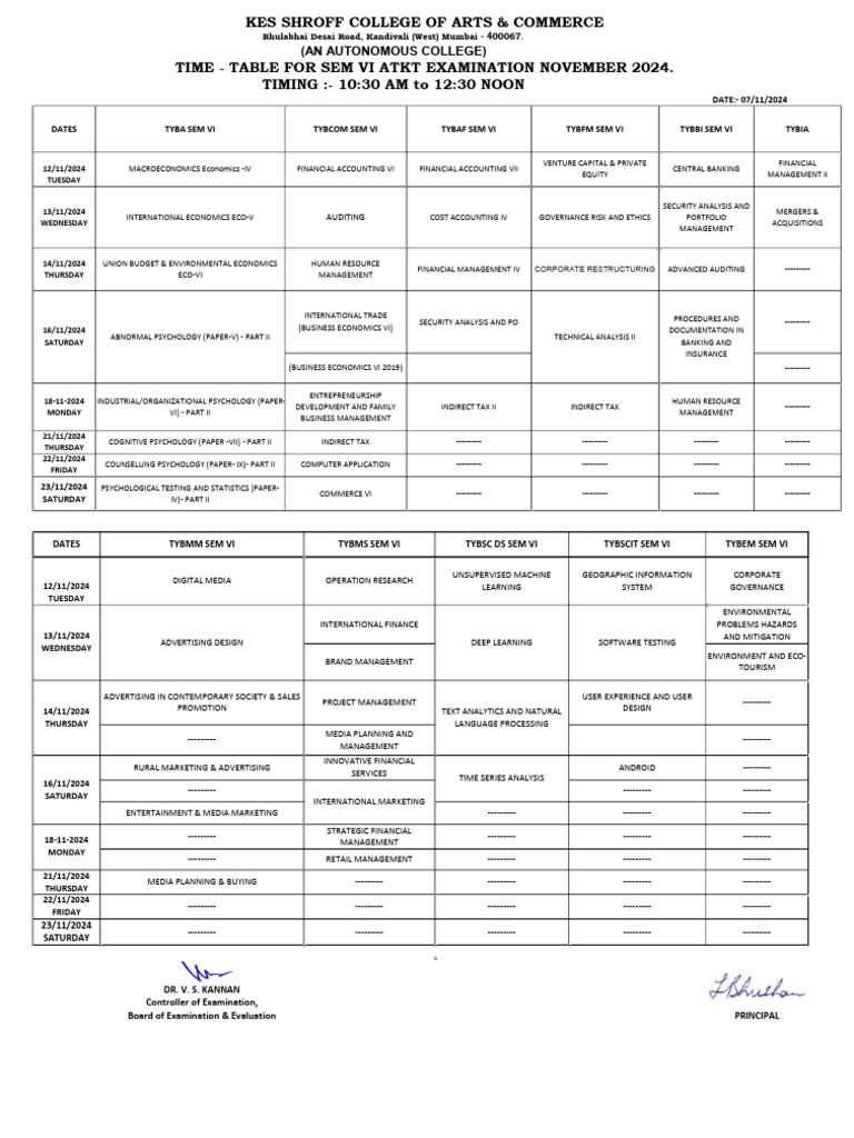 Ty Sem Vi Atkt Exam Timetable November 2024 | PDF | Economics | Economies