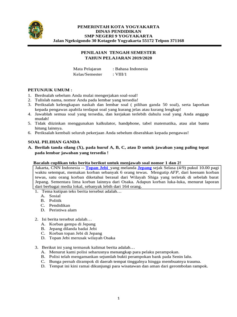 Soal PTS SMP 9 Kelas 8 Sem 1 | PDF