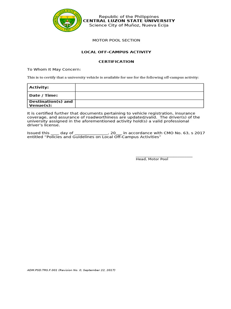 Motor Pool Vehicle Certification Document | PDF