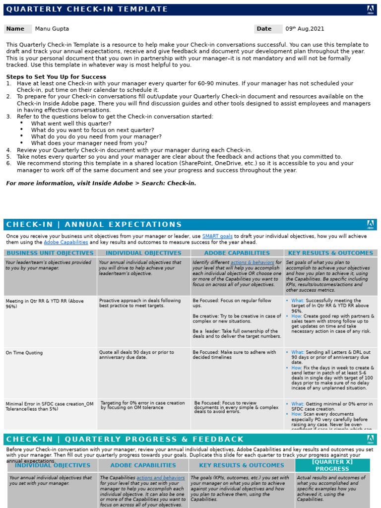 Quarterly Check-In Template | PDF | Learning | Performance Indicator