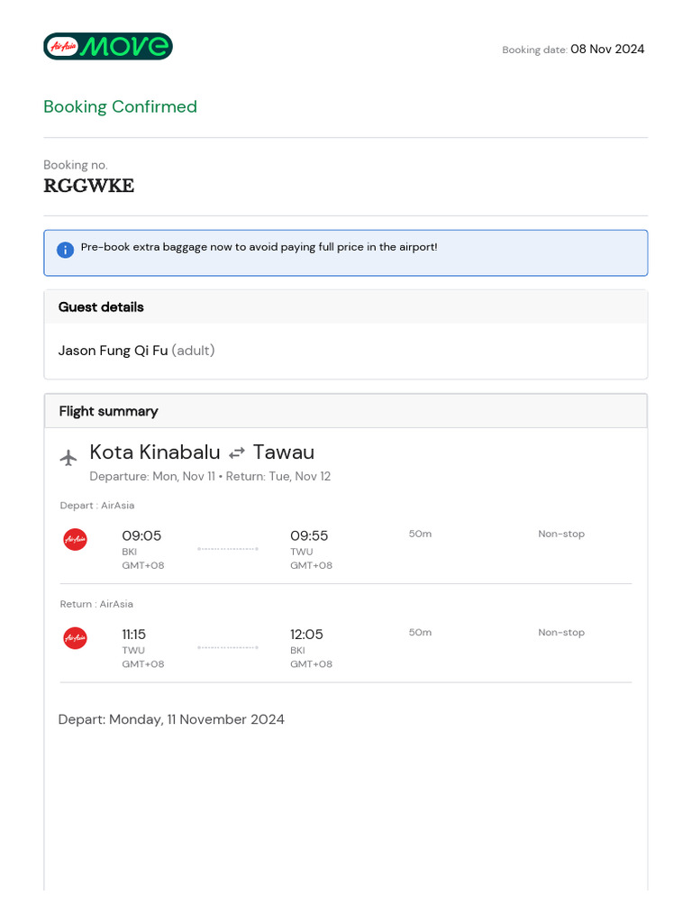BKI to TWU Flight Booking Confirmation | PDF