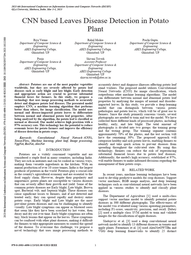 Cnn Based Leaves Disease Detection In Potato Plant Pdf Deep Learning Support Vector Machine