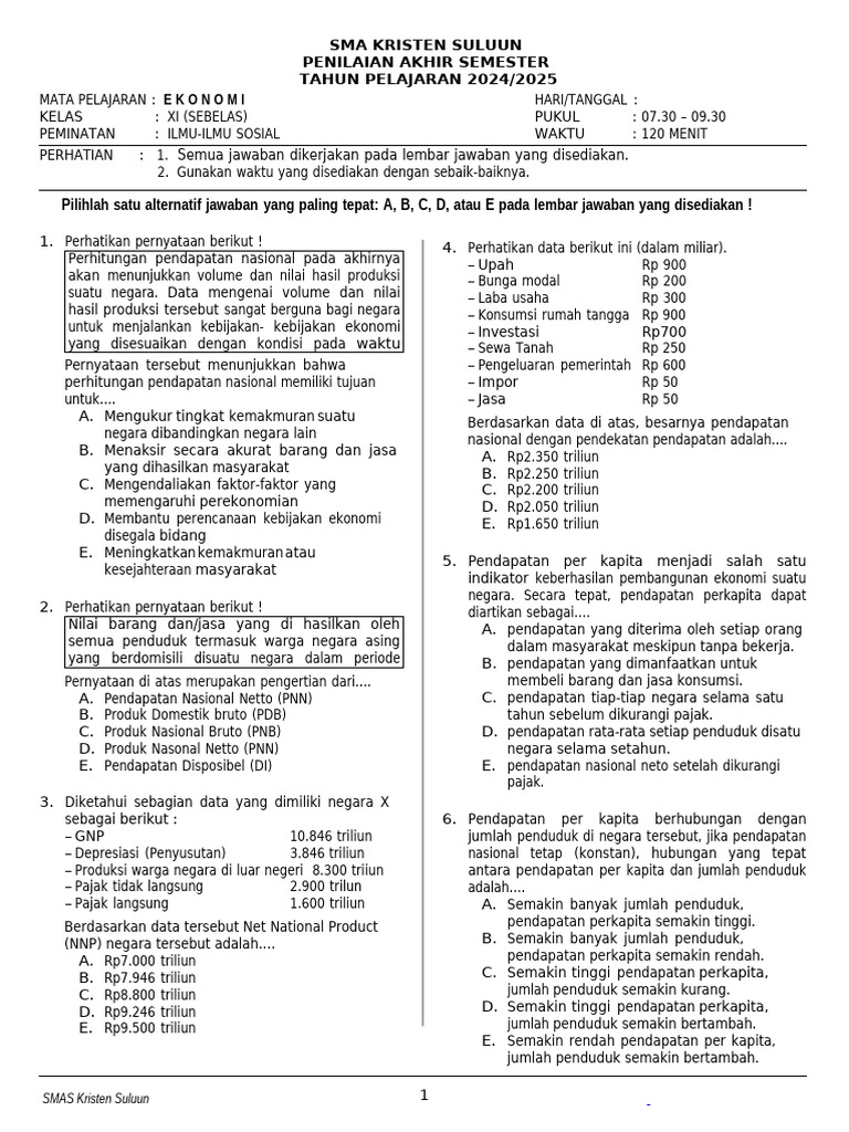 Soal Ekonomi Kelas Xi 24-25 | PDF