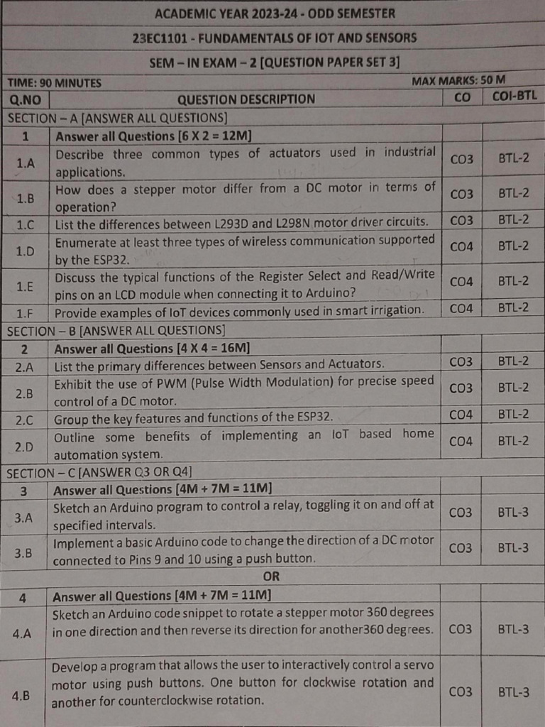 Y23 FIS Mid2 Question Paper | PDF | Arduino | Electrical Engineering