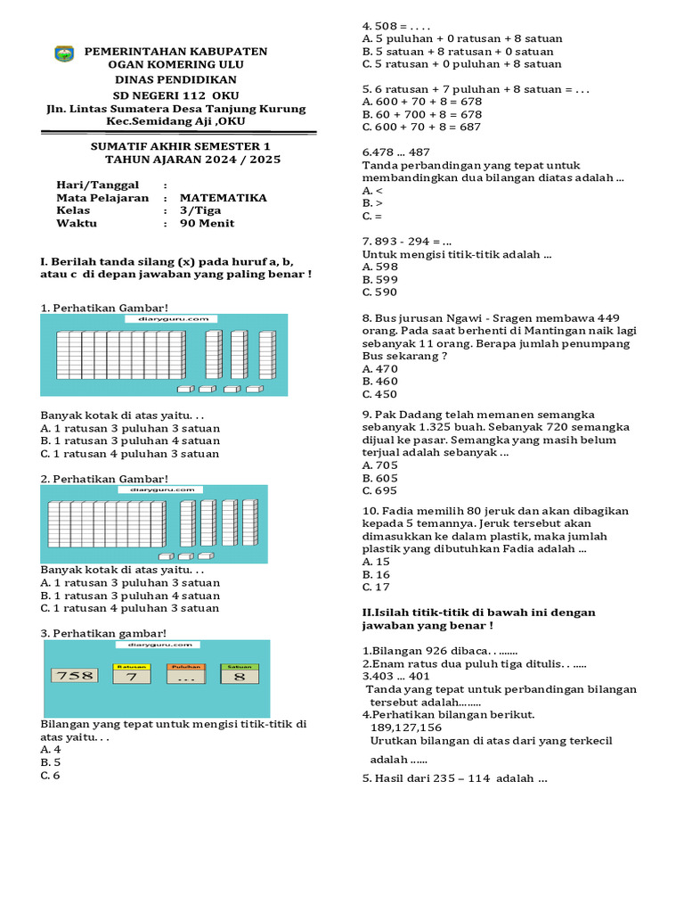 Ulangan Semester 1 Kelas 3 2024 - 2025 | PDF