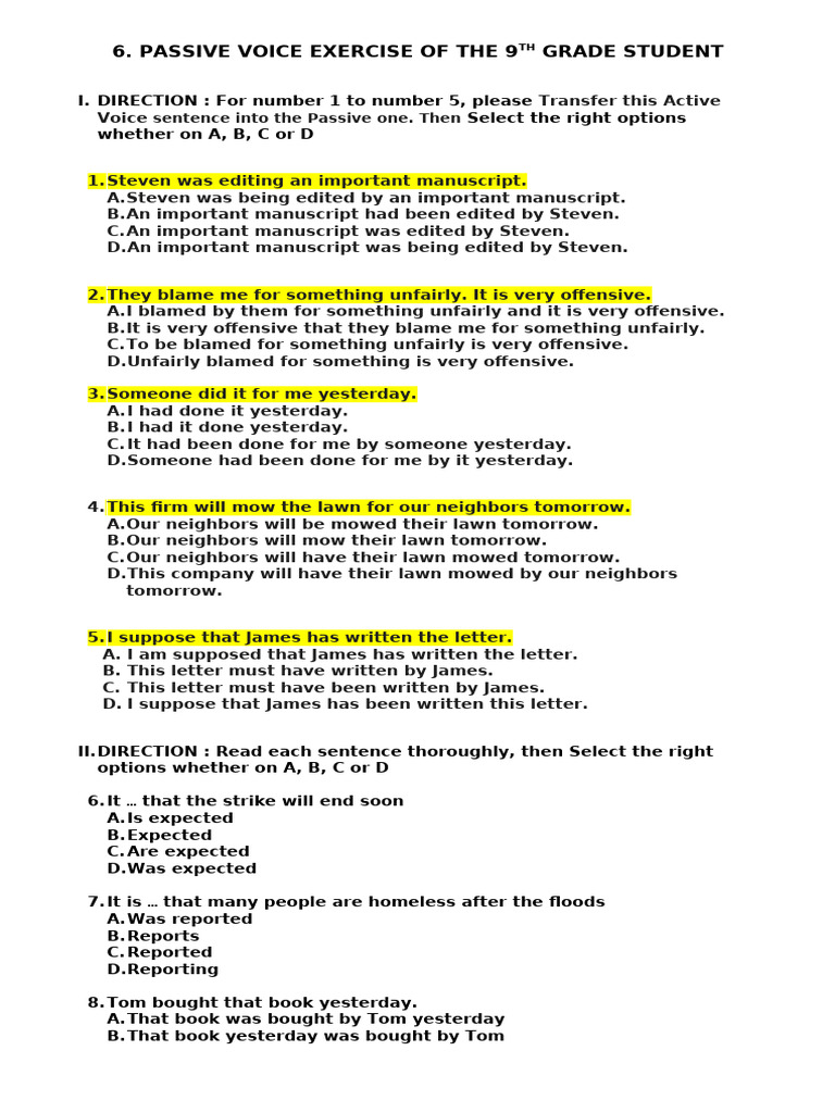 25 November 2024 6. Passive Voice Exercise of The 9TH Grade Student | PDF