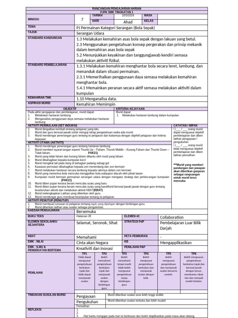 RPH SMK Minggu 7 PJPK Tingkatan 1 2024 2025 by Cikgu Gorgeous | PDF