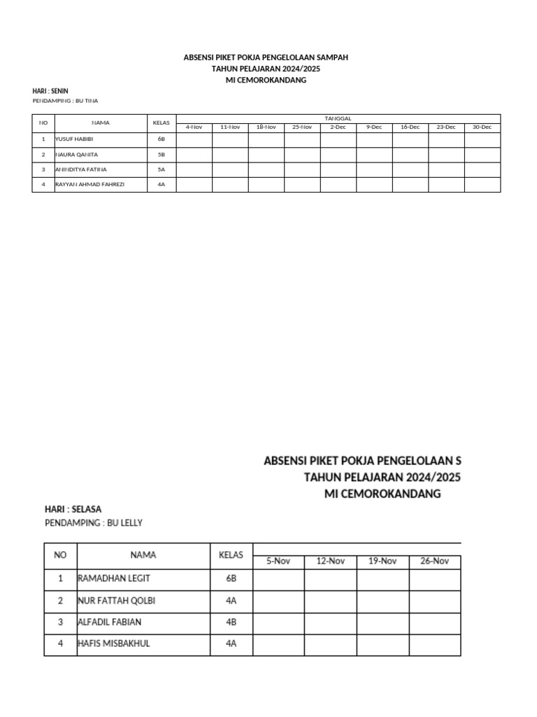 Absen Piket Adiwiyata Pojka Sampah | PDF