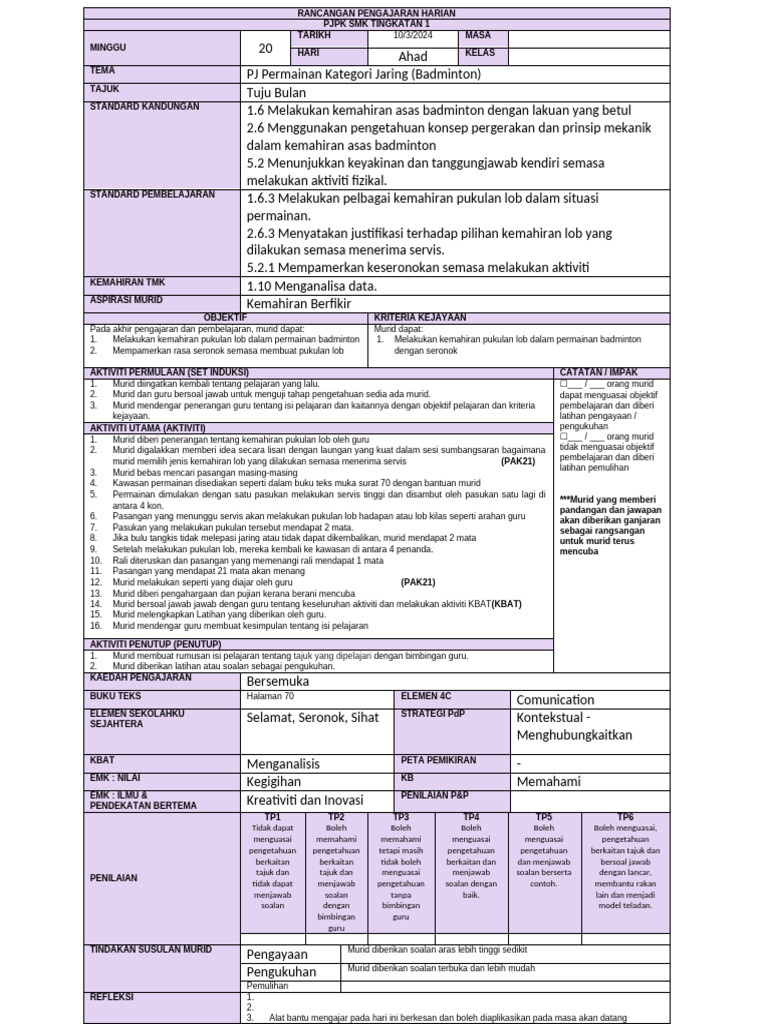 RPH SMK Minggu 20 PJPK Tingkatan 1 2024 2025 by Cikgu Gorgeous | PDF
