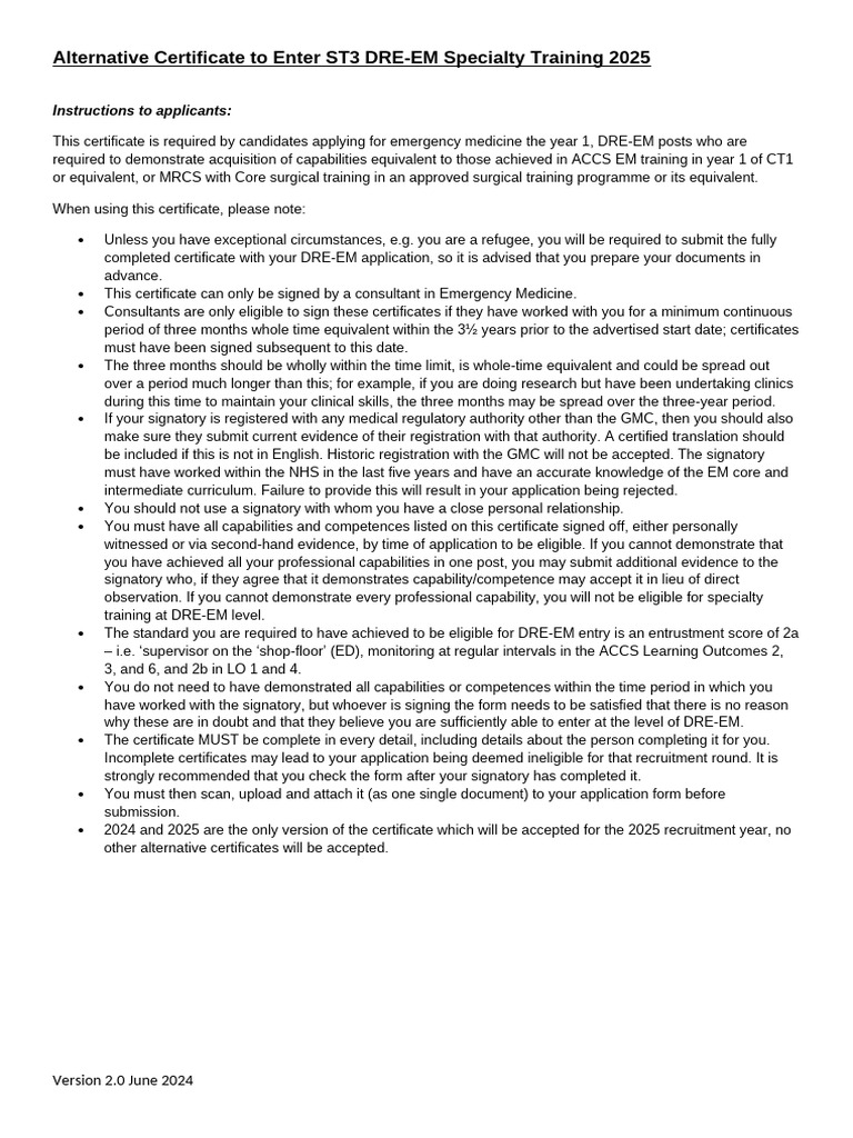 ST3 DRE-EM Alternative Certificate V 2.0 2 | PDF | Informed Consent | Intensive Care Medicine