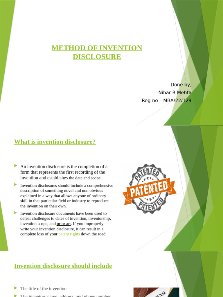 METHOD OF INVENTION DISCLOSURE (Legal Aspects) by Nihar | PDF | Prior ...