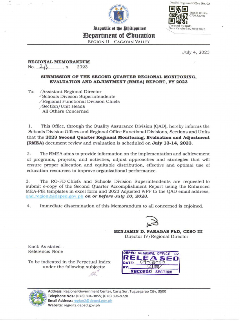 REGIONAL MEMORANDUM NO. 216, S. 2023 - SUBMISSION OF THE SECOND QUARTER ...