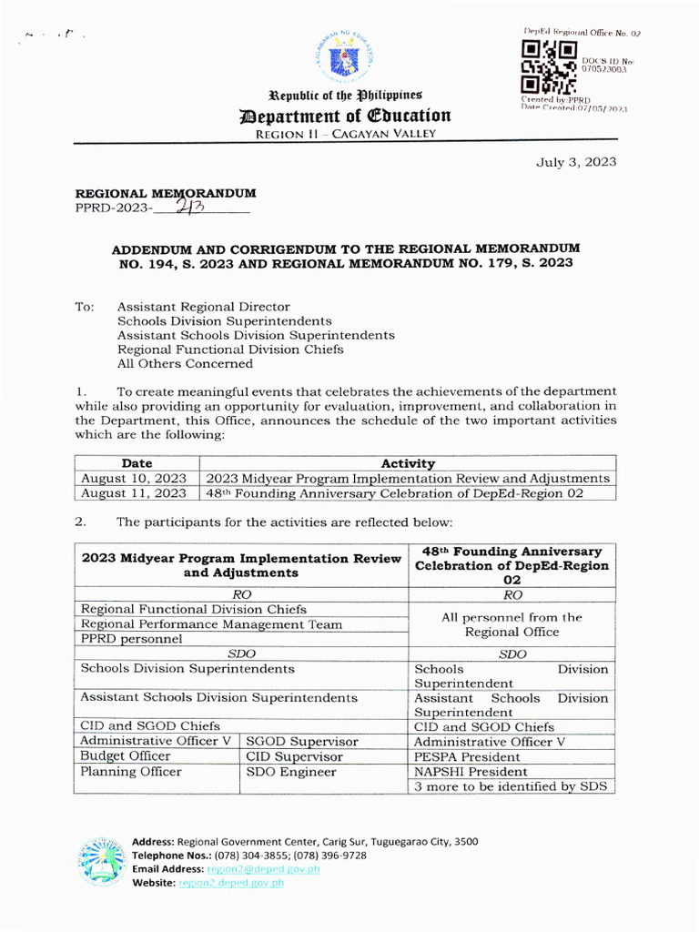 Regional Memorandum No. 213, S. 2023 - Addendum and Corrigendum To The ...