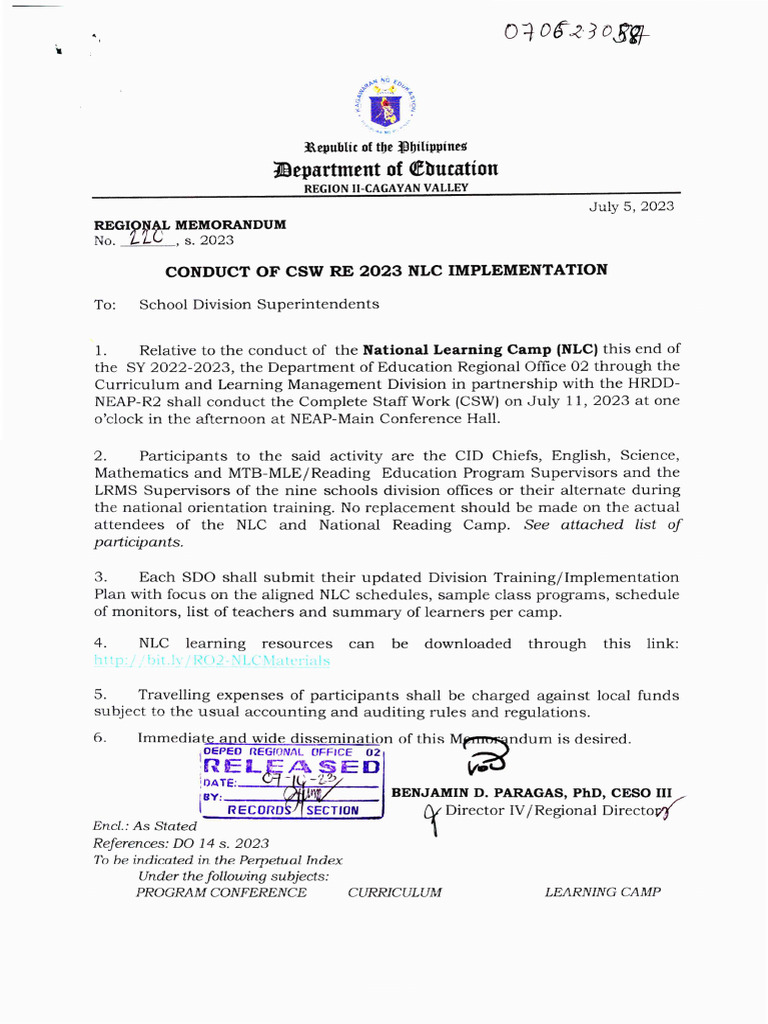 Regional Memorandum No. 220, S. 2023 - Conduct of CSW Re 2023 NLC Implementation | PDF