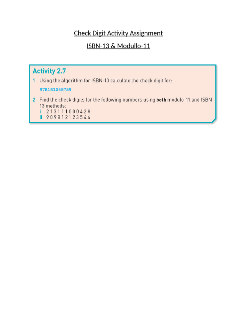 Check Digit - Assignment (Activity 2.7) | PDF