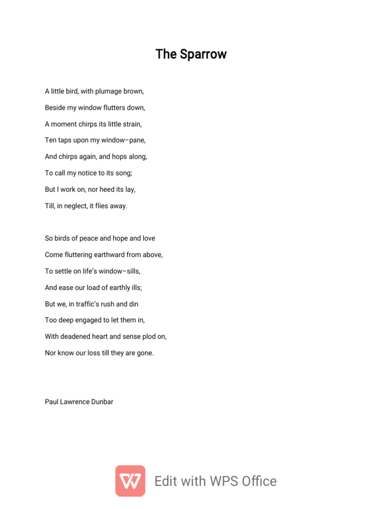 The Sparrow by Paul Lawrence Dunbar Poem | PDF