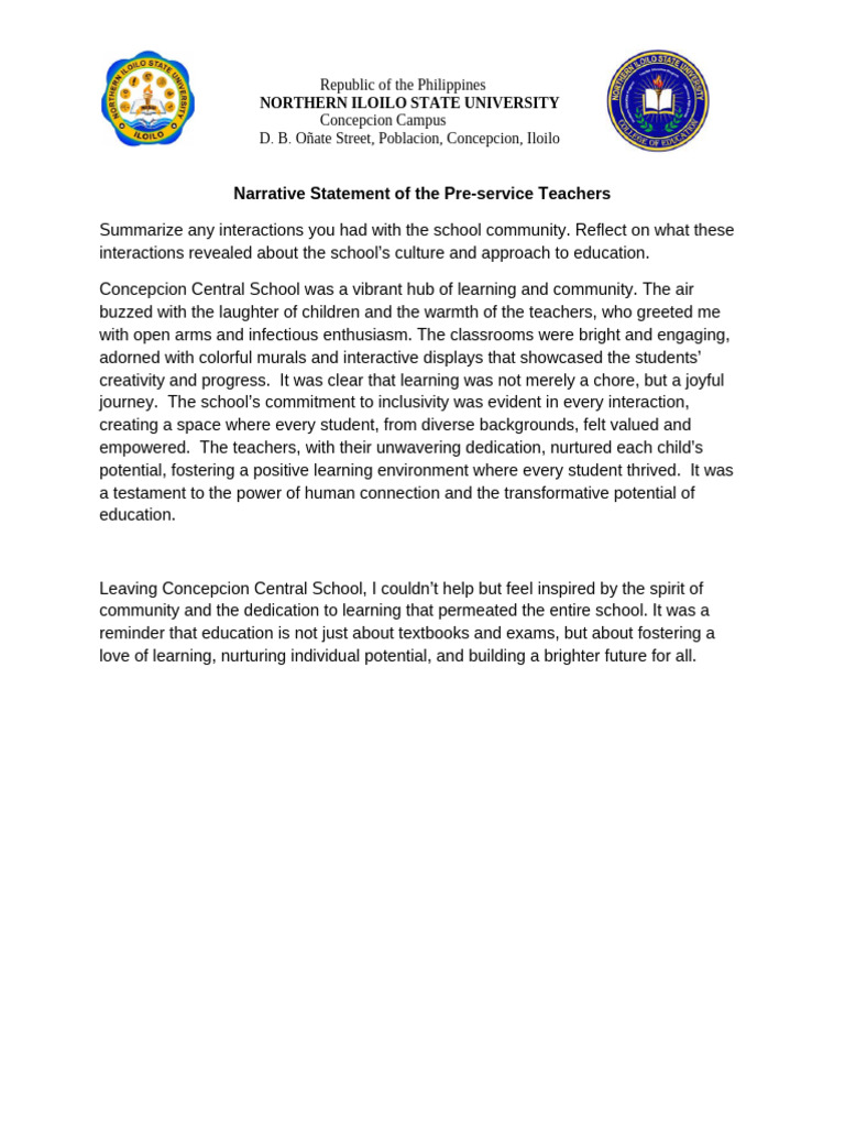 Narrative Statement of The Pre-Service Teachers: Northern Iloilo State ...