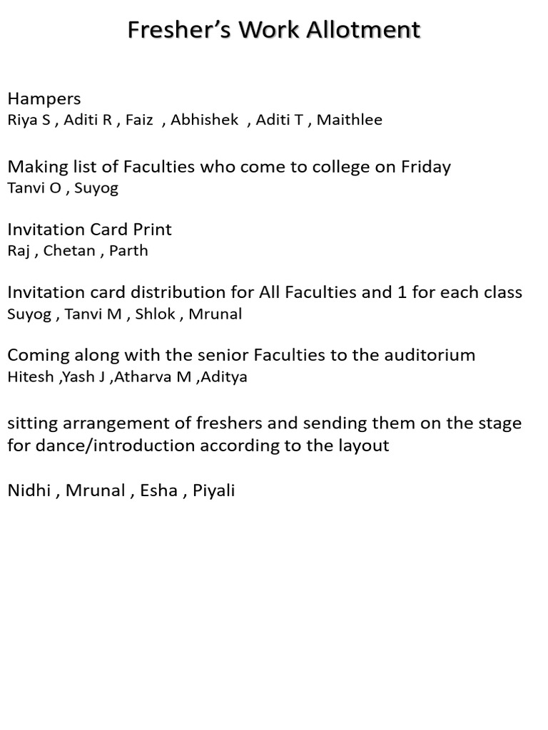 Freshers Work Allotment List | PDF