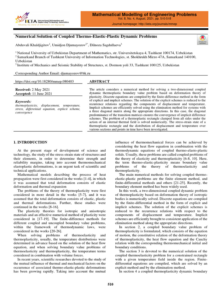 Numerical Solution of Coupled Thermo Ela | PDF | Elasticity (Physics) | Numerical Analysis