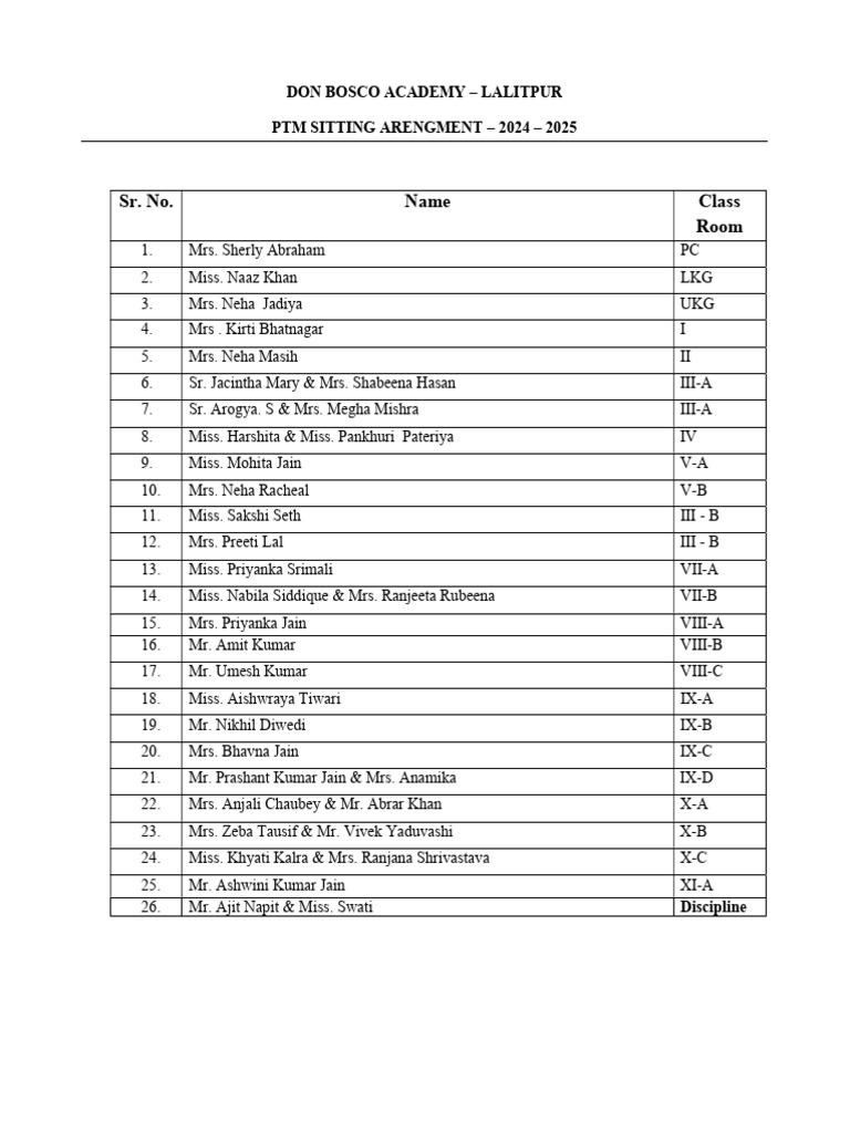 Don Bosco Academy PTM Seating 2024-2025 | PDF