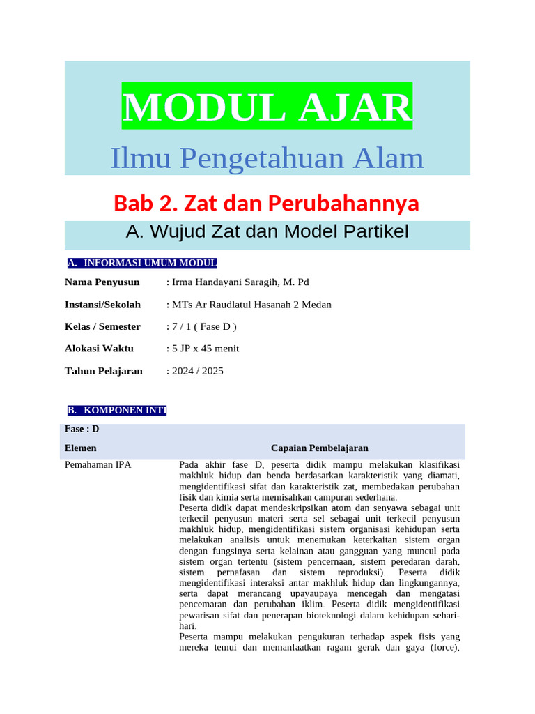 MA Bab 2. Zat Dan Perubahannya - A. Wujud Zat Dan Model Partikel | PDF
