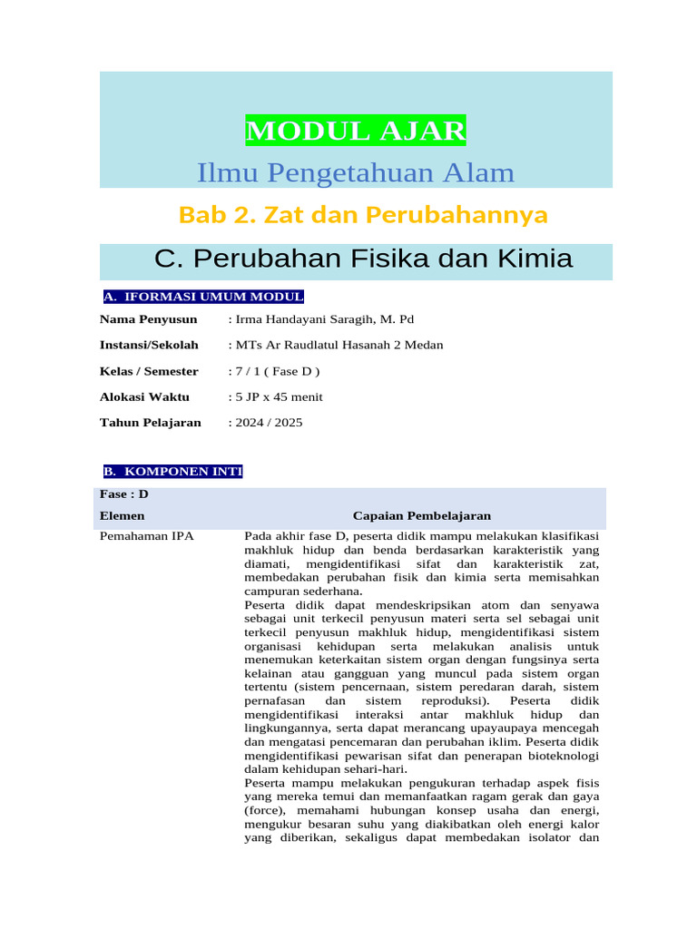 MA Bab 2. Zat Dan Perubahannya - C. Perubahan Fisika Dan Kimia | PDF