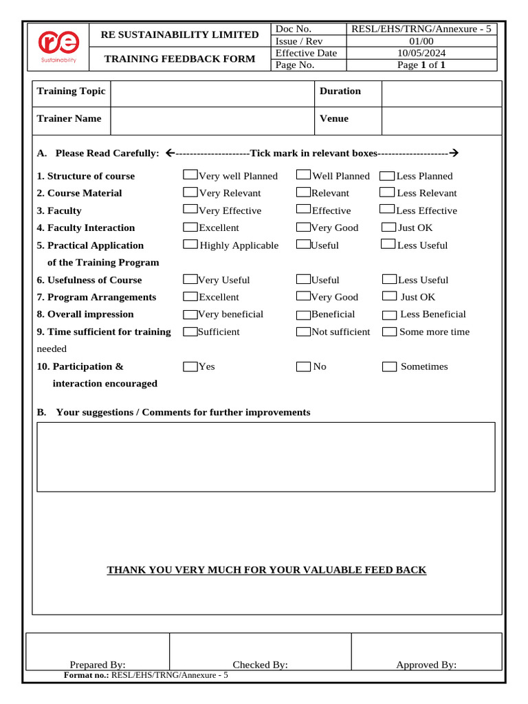 Annexure 5 Training Feedback Form | PDF
